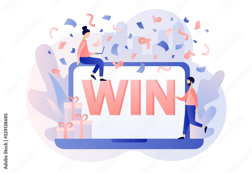 WIN text on laptop screen. You Win Concept. Congrats winner on falling ...