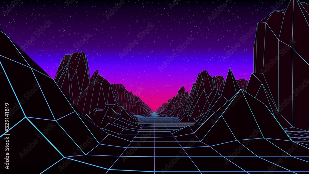 Retro style low poly landscape. Retrowave 3d illustration Neon 80s ...
