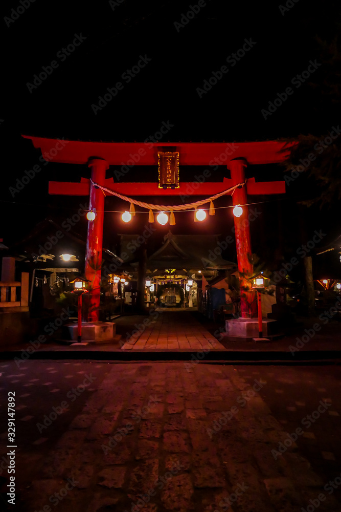 An orange torii gate leading to Mizukami Shrine lighted up at night in ...