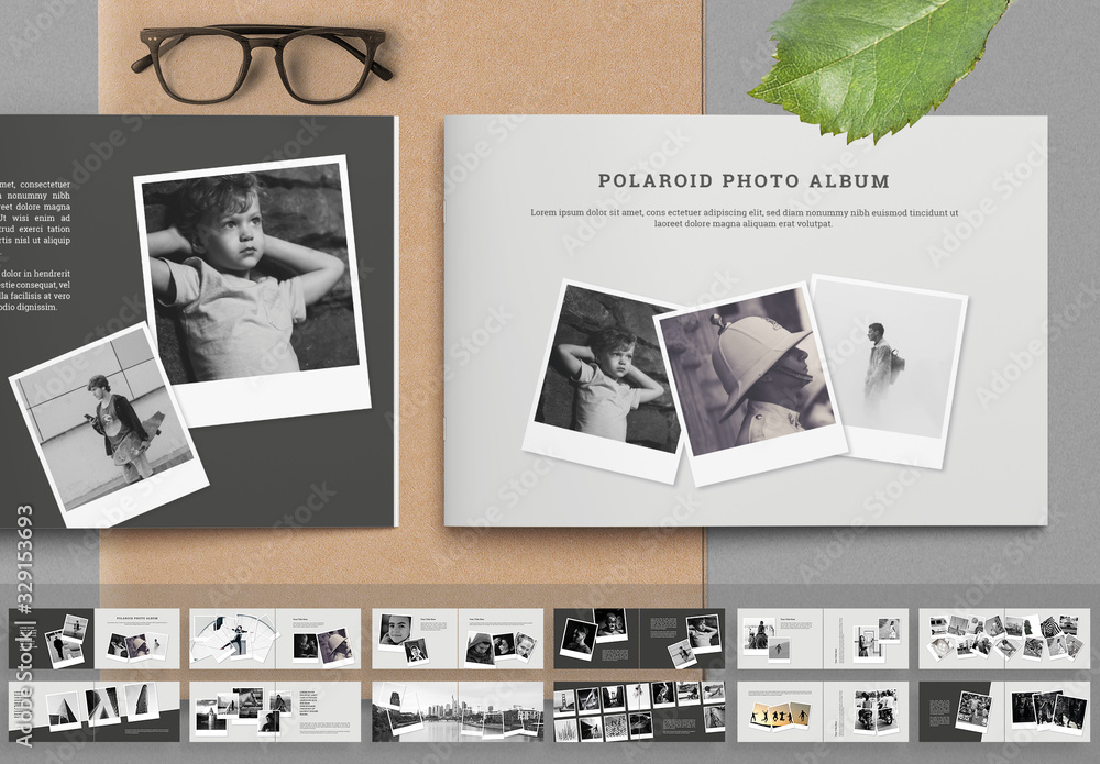 Instant Photo Album Layout with Black Accents Stock Template | Adobe Stock