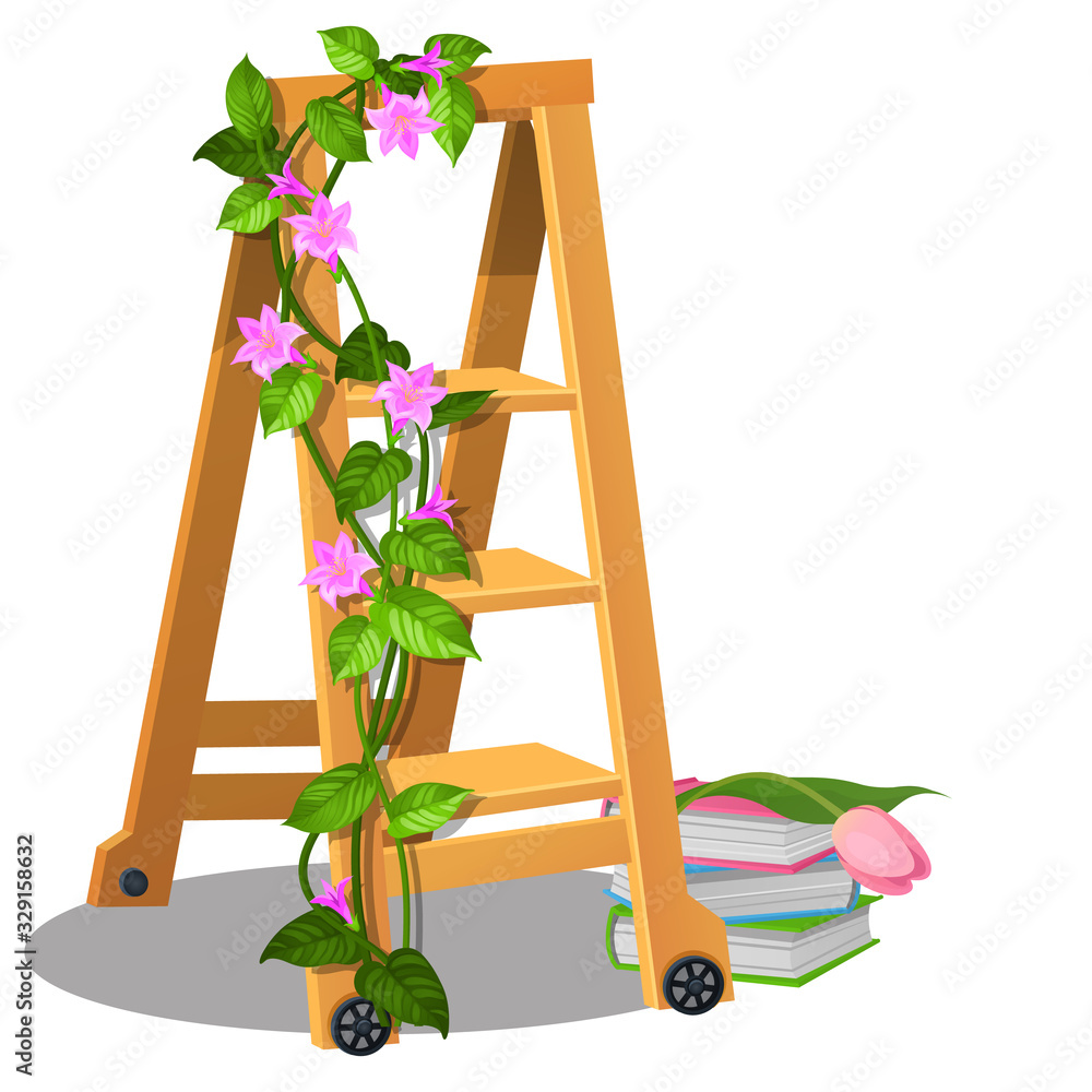 The wooden mobile step ladder is decorated with climbing plants with ...