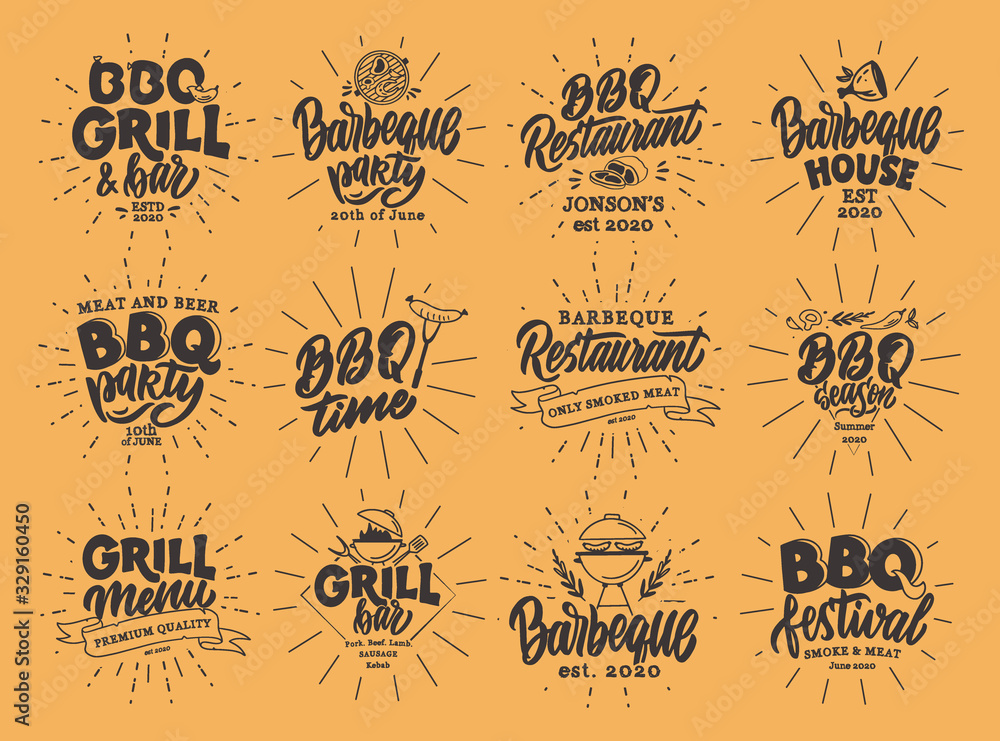 Set of vintage BBQ time emblems and stamps. BBQ season badges, stickers ...