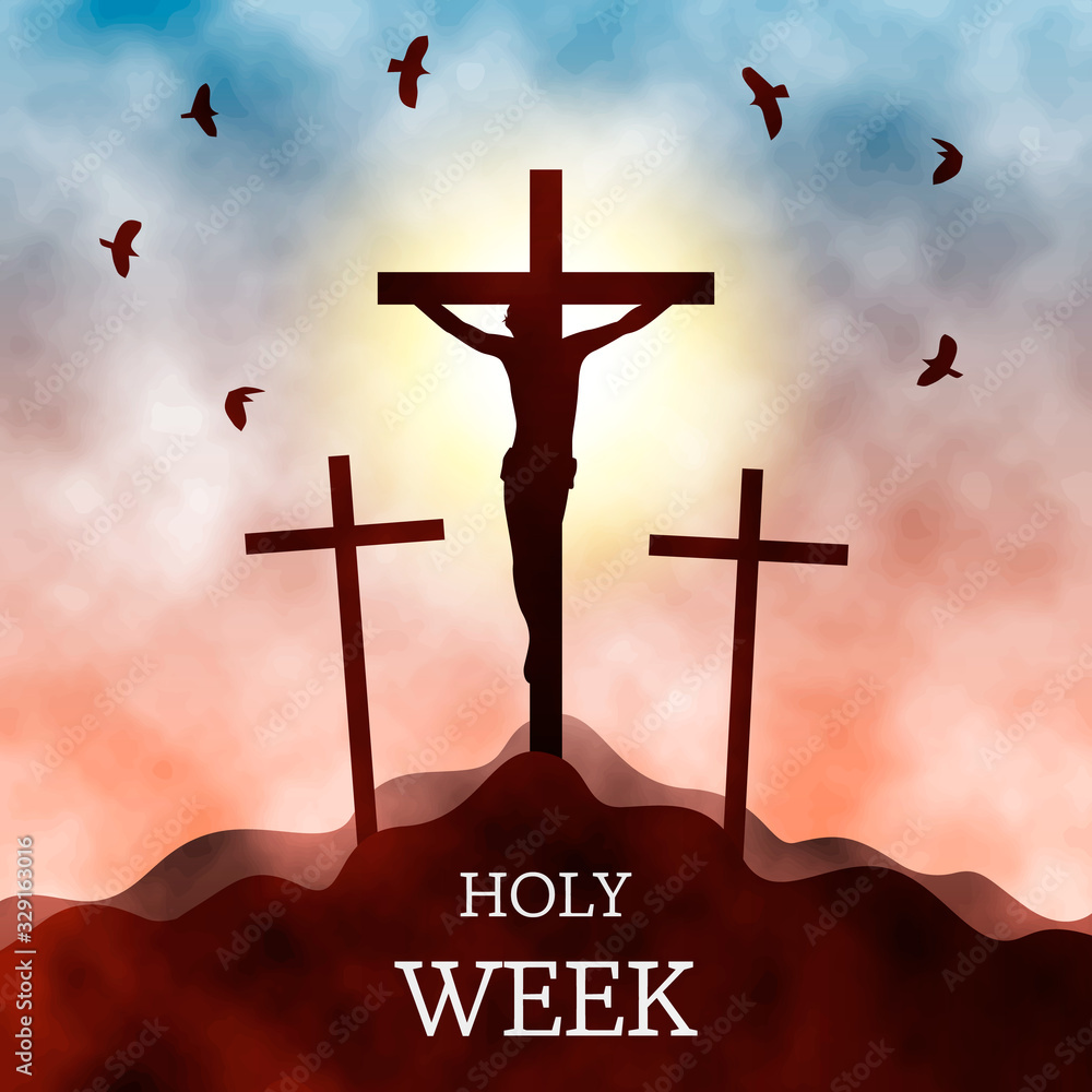 Crucifixion of Jesus Christ on the cross at Calvary against a sunset ...