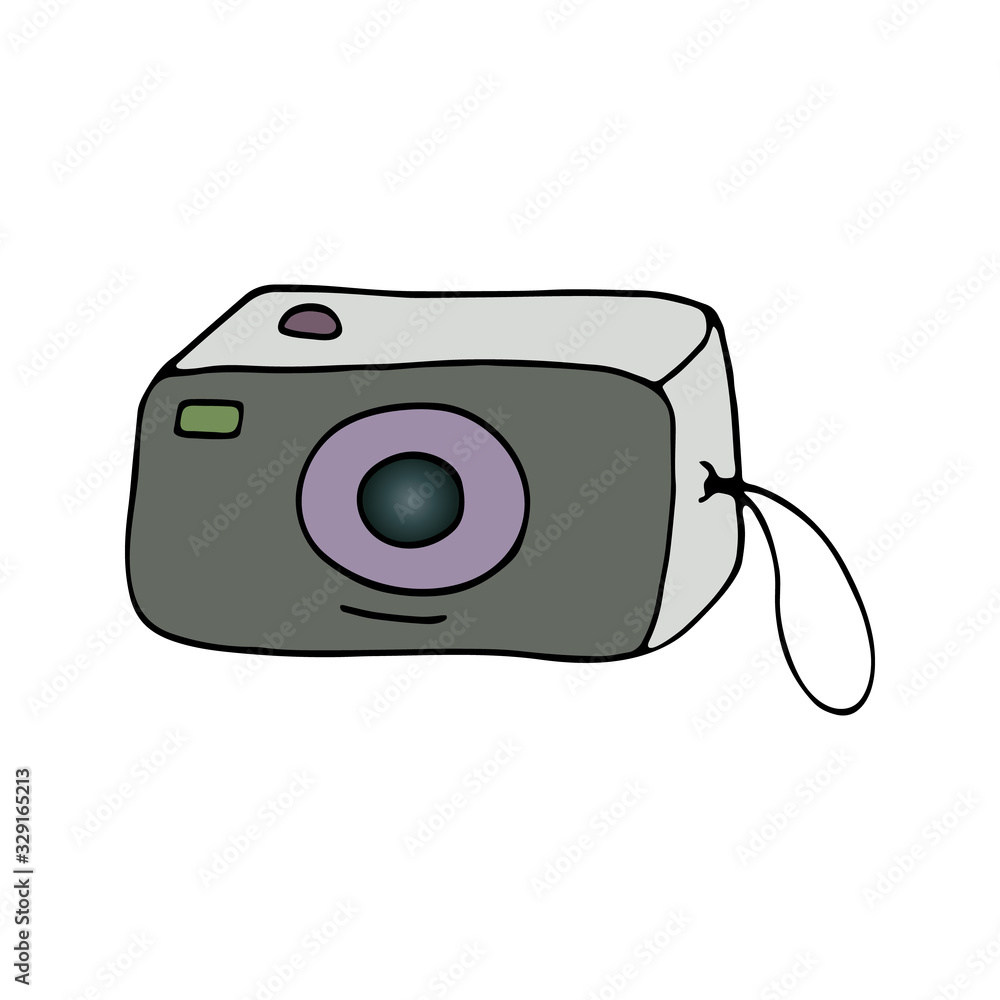 Old rectangular camera with lens and strap. Design for camping, outdoor ...