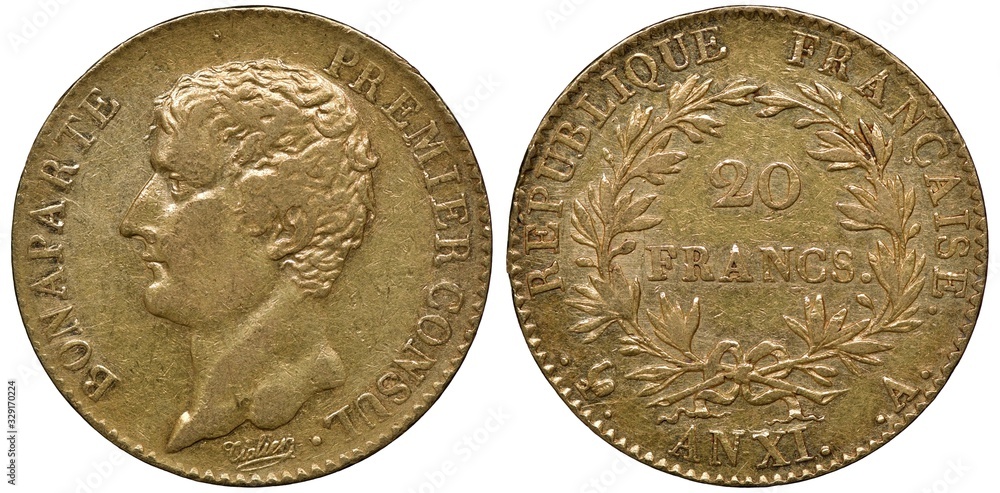 France French golden coin 20 twenty francs circa 1803, ruler Napoleon ...