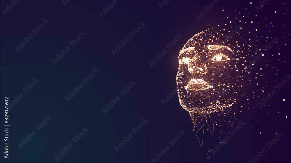 Human face on a dark background of gold glowing particles and structure ...