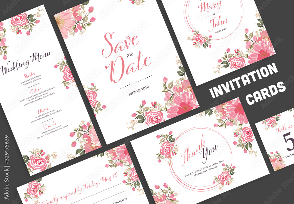 Wedding Invitation Layout Set with Pink Watercolor Flowers Stock ...