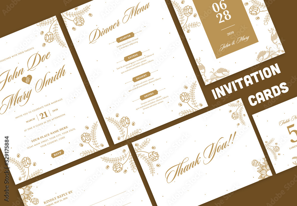 Wedding Invitation Layout Set with Golden Doodle Florals Stock Template ...