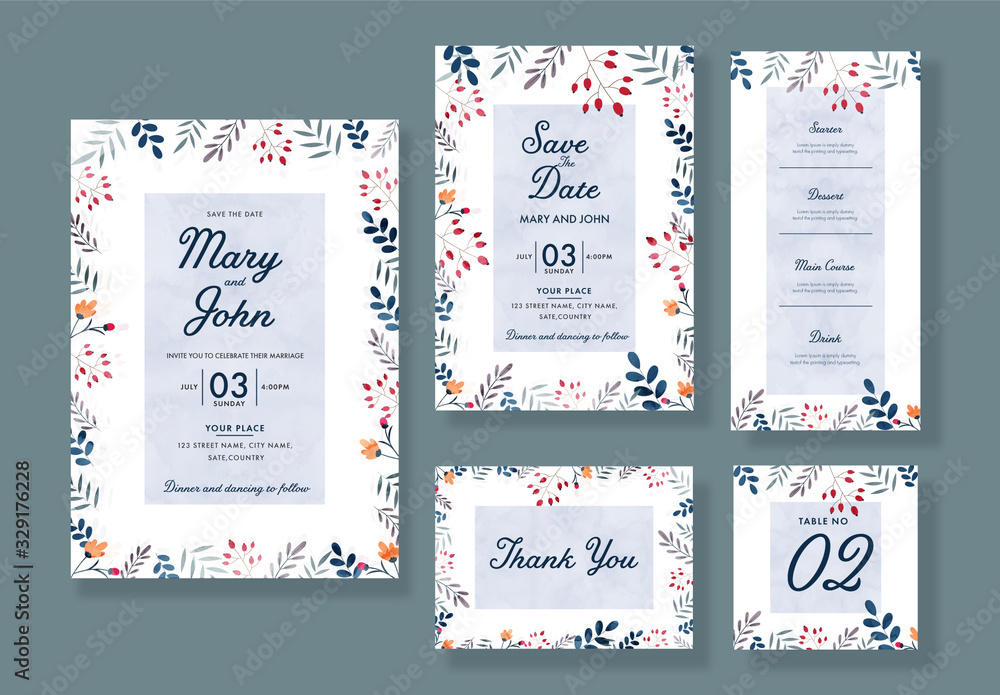 Wedding Invitation Layout Set with Colorful Tiny Flowers Stock Template ...