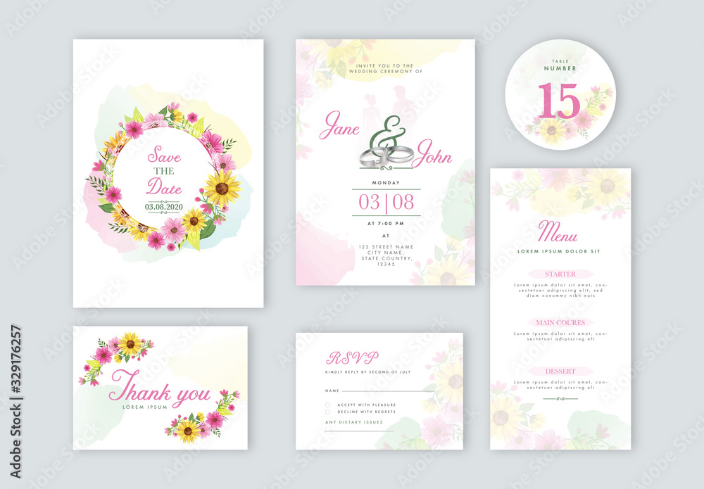 Wedding Invitation Layout Set with Colorful Flowers and Engagement ...
