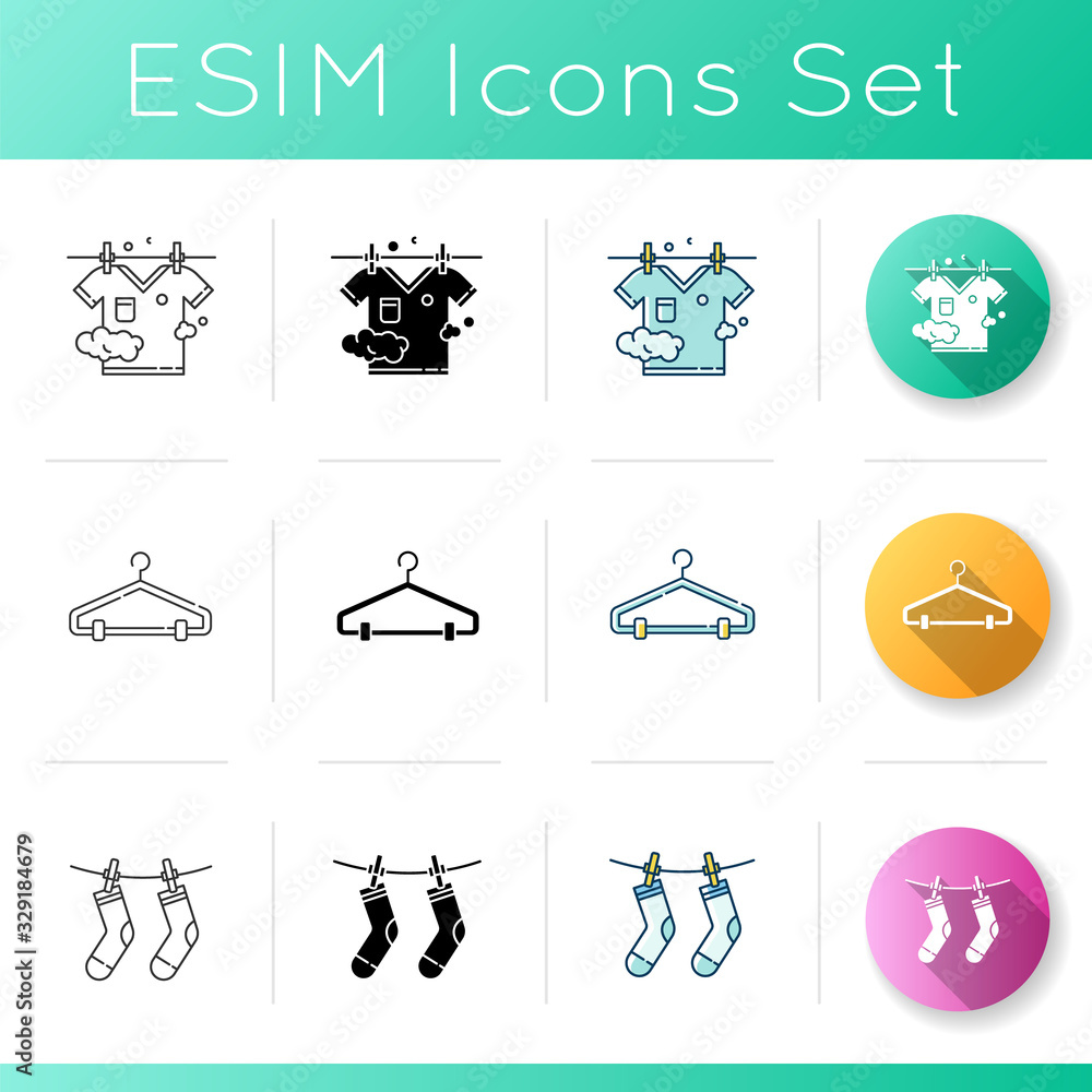 Laundry and clothes drying service icons set. Hanger and clothesline ...
