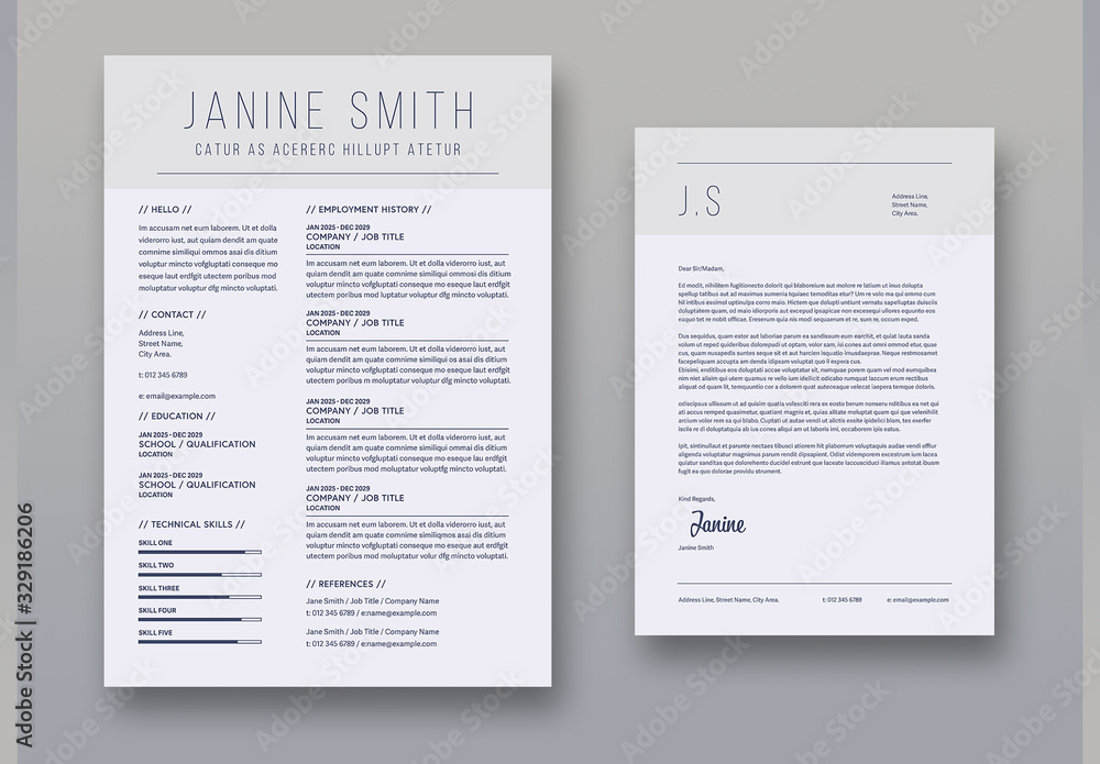 Resume and Cover Letter Layout Set with Light Gray Header Element Stock ...