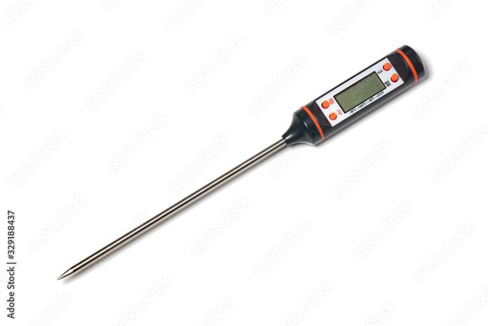 Digital thermometer with long probe isolated on white background Stock ...