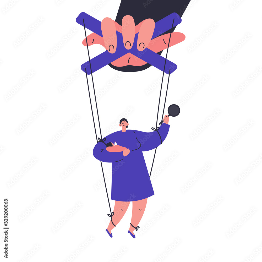 A man manipulates and abuses a woman with baby.Manipulation male hand ...