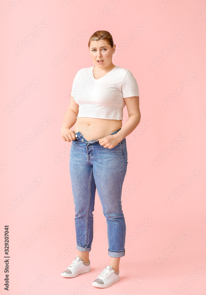 Overweight woman on color background. Weight loss concept Stock Photo ...