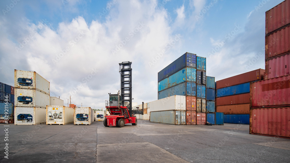 perspective view of containers at containers yard with forklift and ...