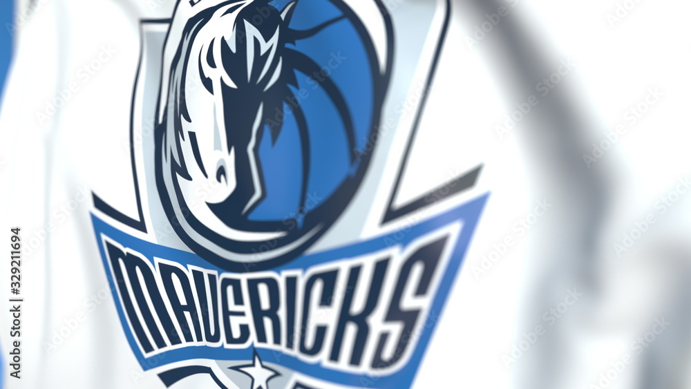 Flying flag with Dallas Mavericks team logo, close-up. Editorial 3D ...