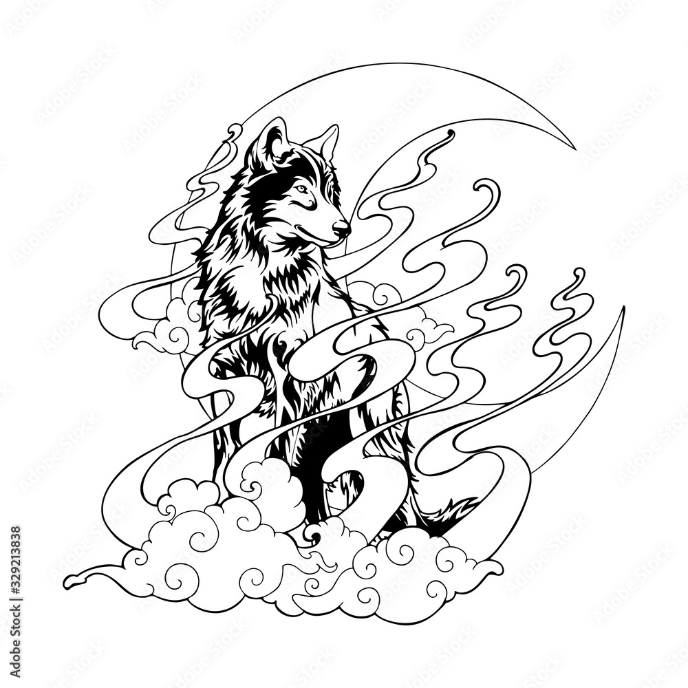 wolf and Crescent moon with cloud and star in night digital painting ...