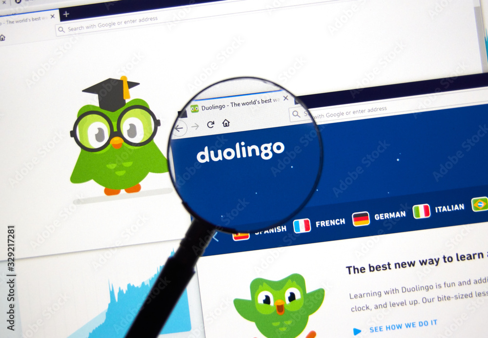 Duolingo logo and application on official website Stock Photo | Adobe Stock
