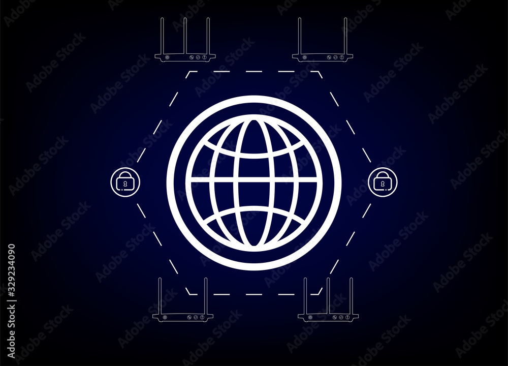 Wi-fi secure network diagram isolated on blue background, wireless ...