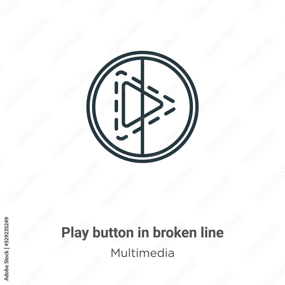 Play button in broken line outline vector icon. Thin line black play ...