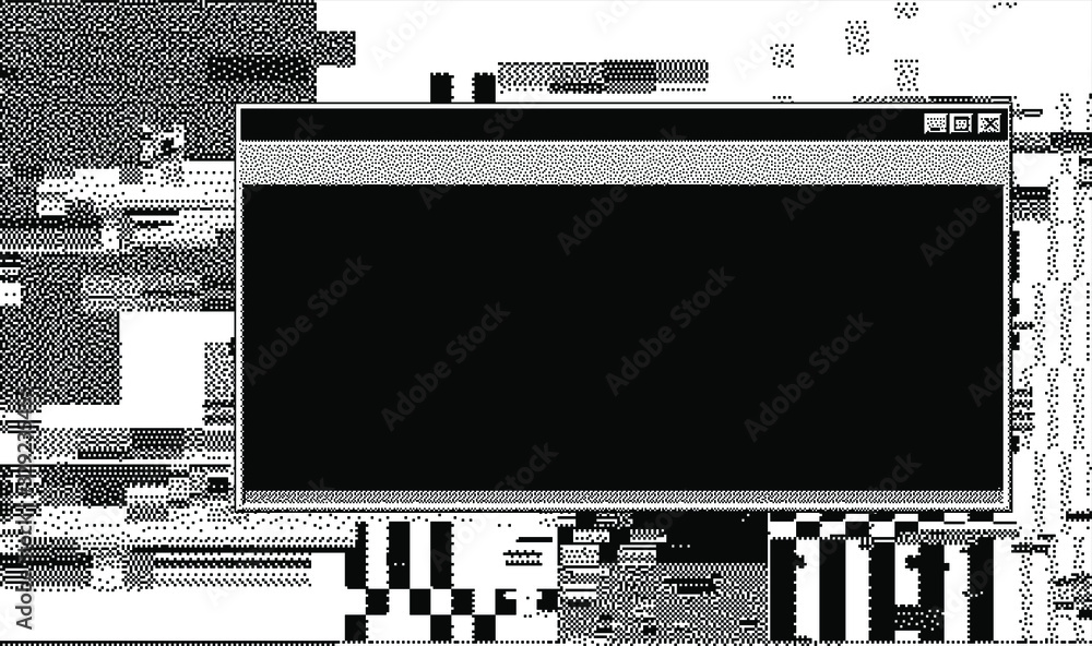 Glitched screen with terminal console window. Pixel art 1-bit style ...