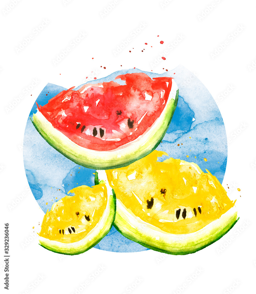 watercolor round pattern with a piece Watermelon, vintage bright ...