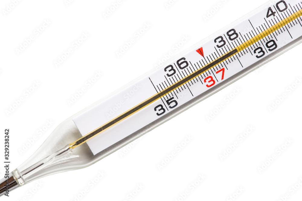 Medical thermometer shows a temperature of 38 degrees. Colds. Stock ...