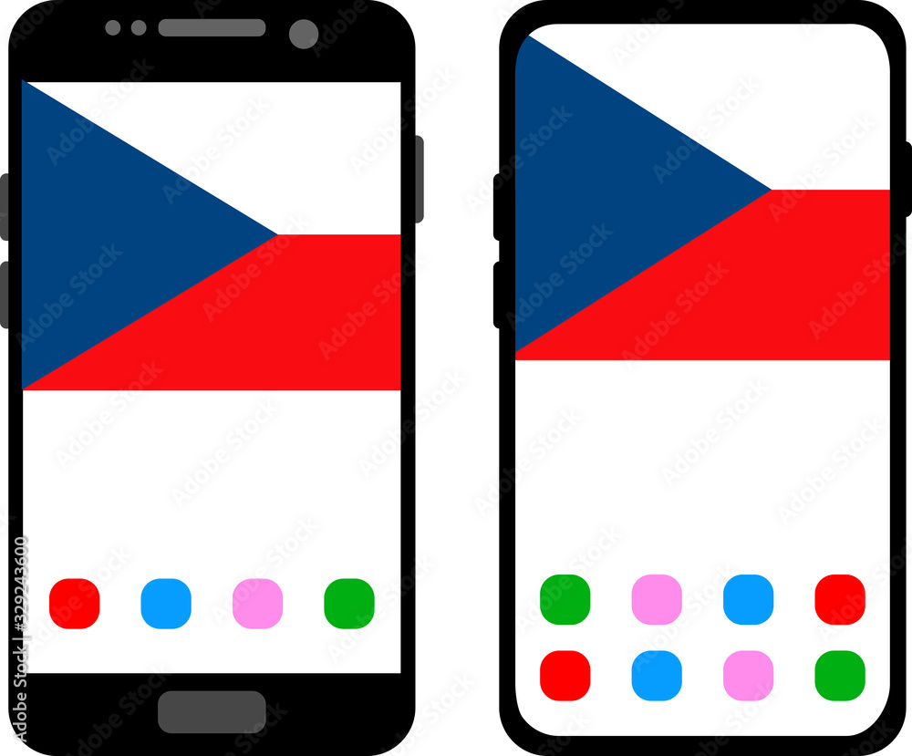 Two black smartphones with a home screen and wallpaper with the flag of ...
