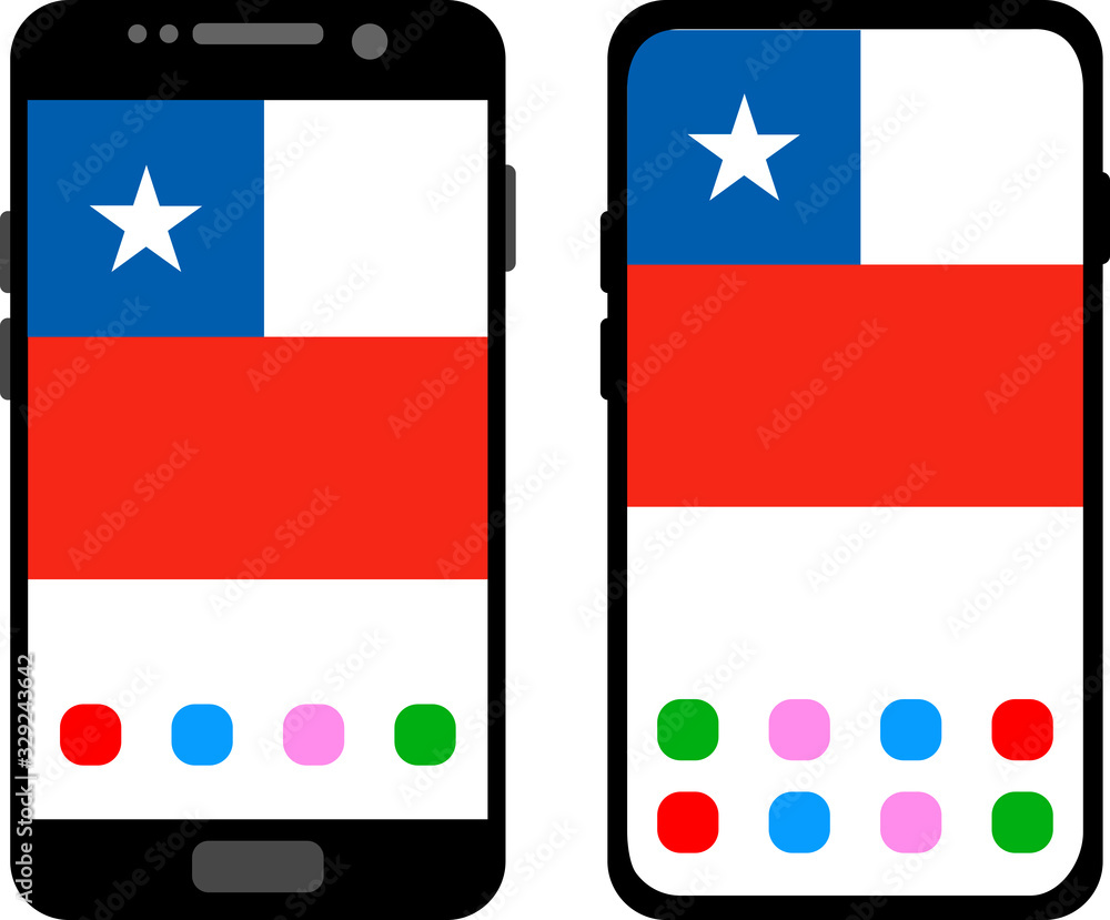Two black smartphones with a home screen and wallpaper with the flag of ...