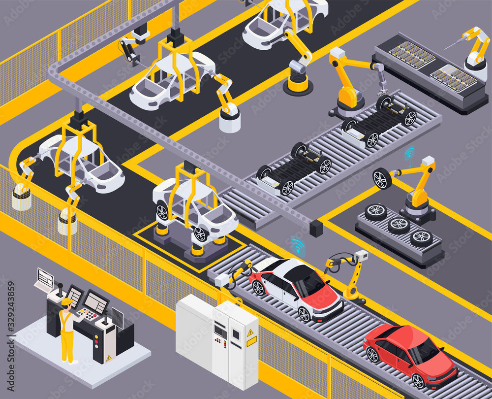 Electric Vehicles Production Isometric Stock Vector | Adobe Stock