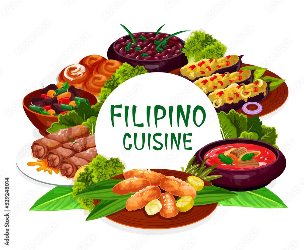 Filipino cuisine, asian food restaurant dishes round frame lump with ...