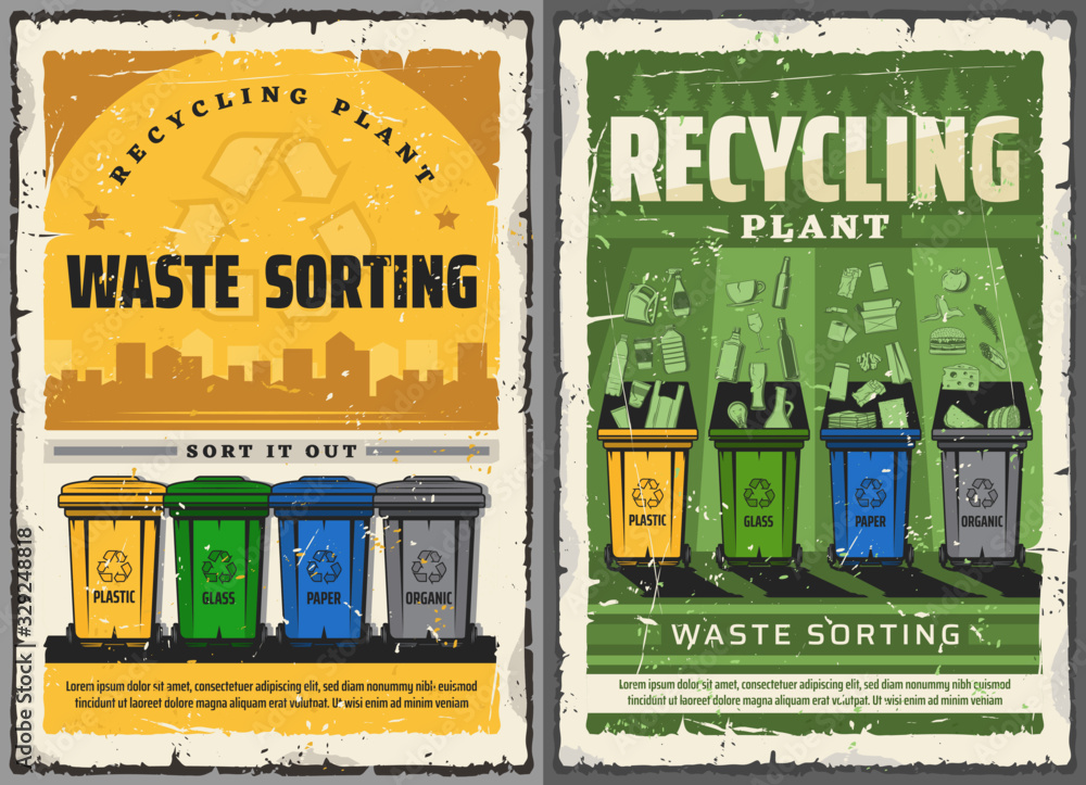 Wastes sorting and garbage recycling retro posters. Vector waste bins ...