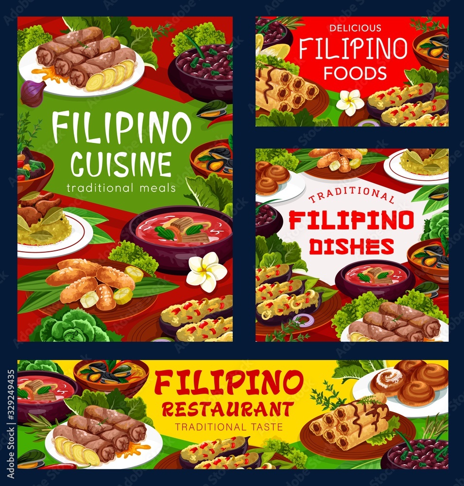 Filipino cuisine asian food vector posters, restaurant dish pochero ...