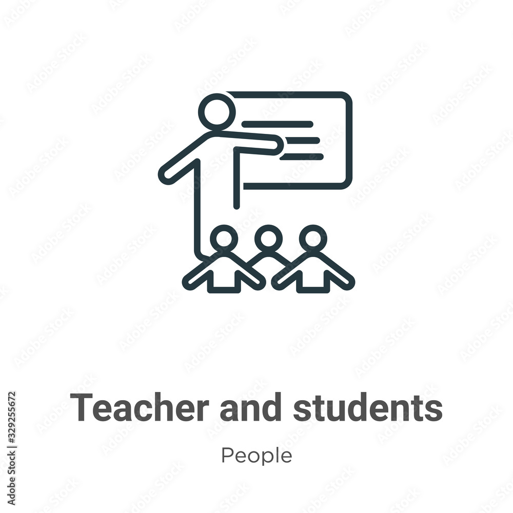 Teacher and students outline vector icon. Thin line black teacher and ...