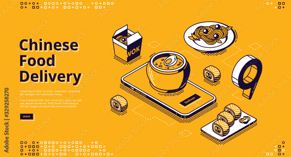 Chinese food delivery isometric landing page. Mobile app, online ...