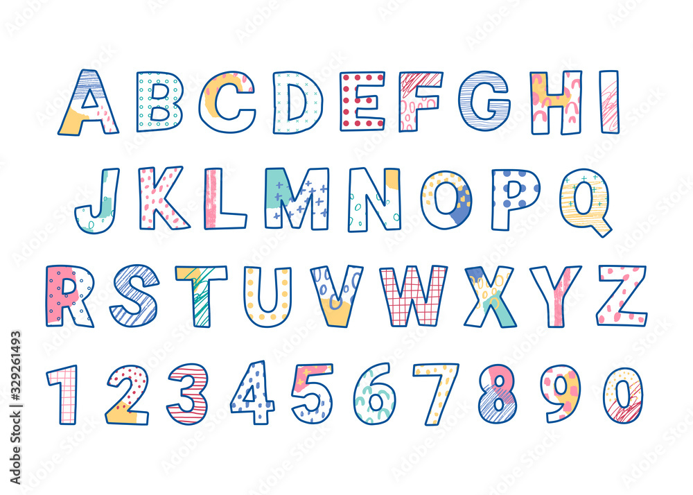 Doodle style alphabet letters and numbers. Vector handwriting type ...