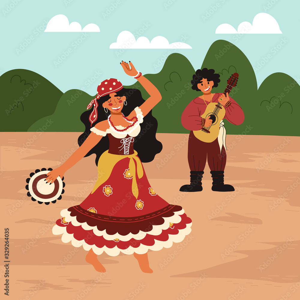 Couple of happy dancing gypsies - girl with tambourine in bright ...
