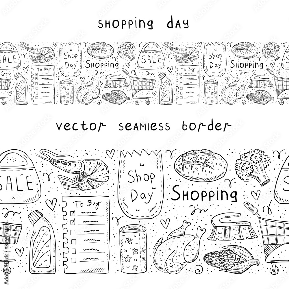 Shopping hand drawn doodle vector seamless border, pattern, texture ...