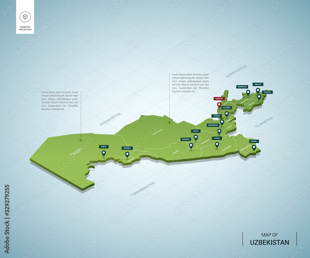 Stylized map of Uzbekistan. Isometric 3D green map with cities, borders ...