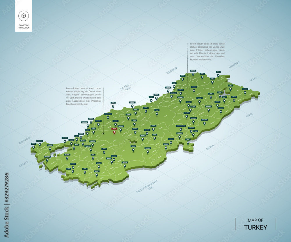 Stylized map of Turkey. Isometric 3D green map with cities, borders ...