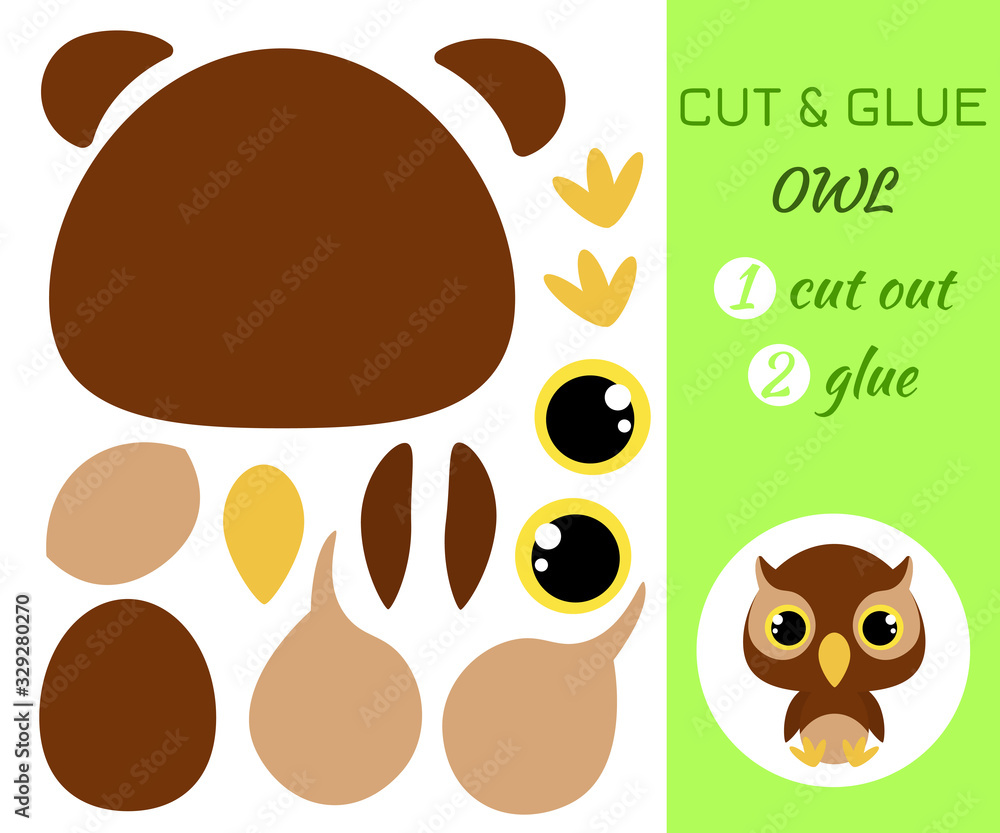 Cut and glue baby sitting owl. Educational paper game for preschool ...