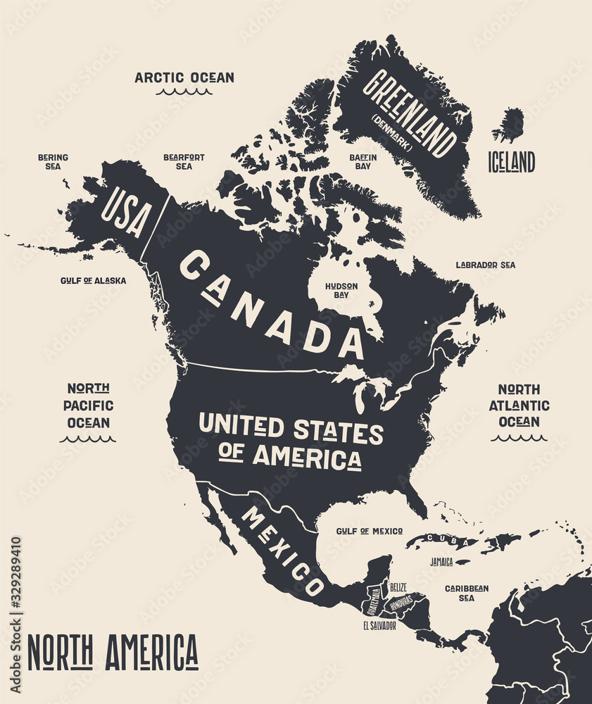 Map North America. Poster map of North America. Black and white print ...