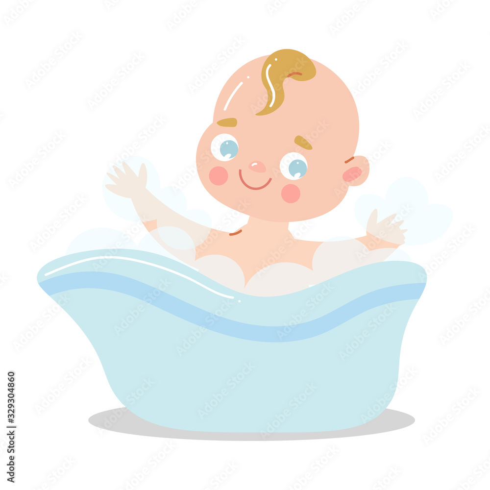 Cute happy smiling baby taking a bath playing with foam bubbles. Vector ...