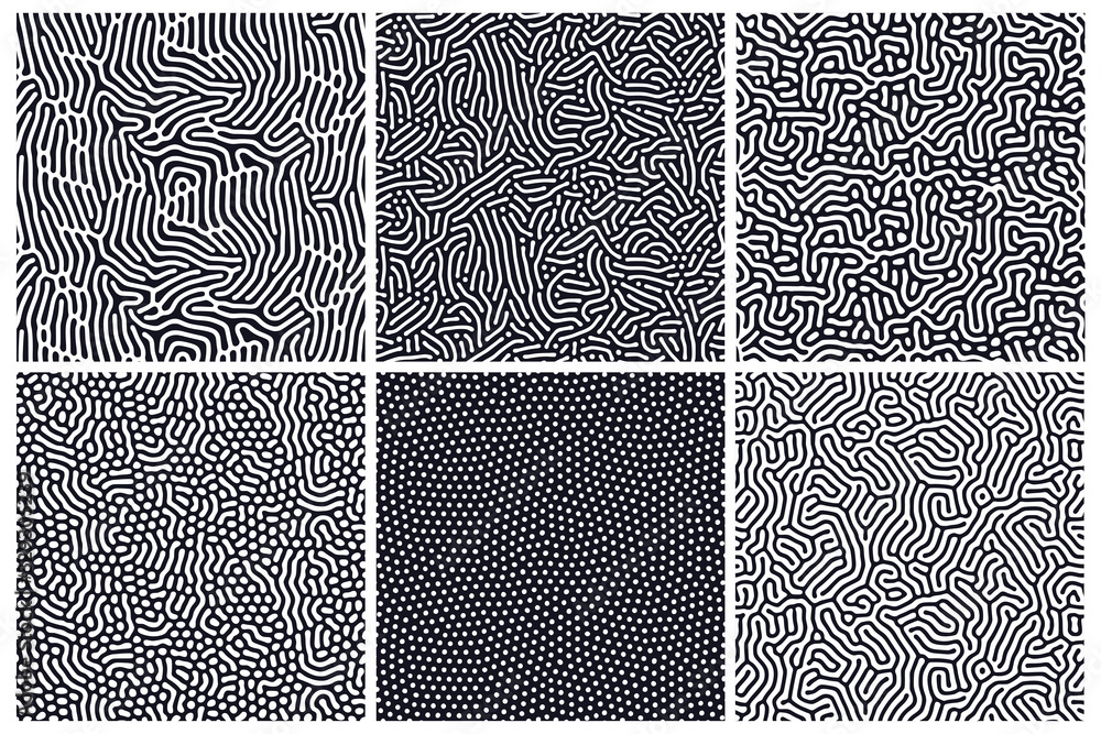 Set of organic seamless patterns with rounded lines, drips. Diffusion reaction background ...