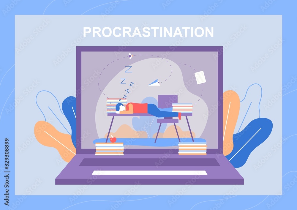 Procrastination Metaphor Banner with Bored Sleepy Man Lying on Office ...