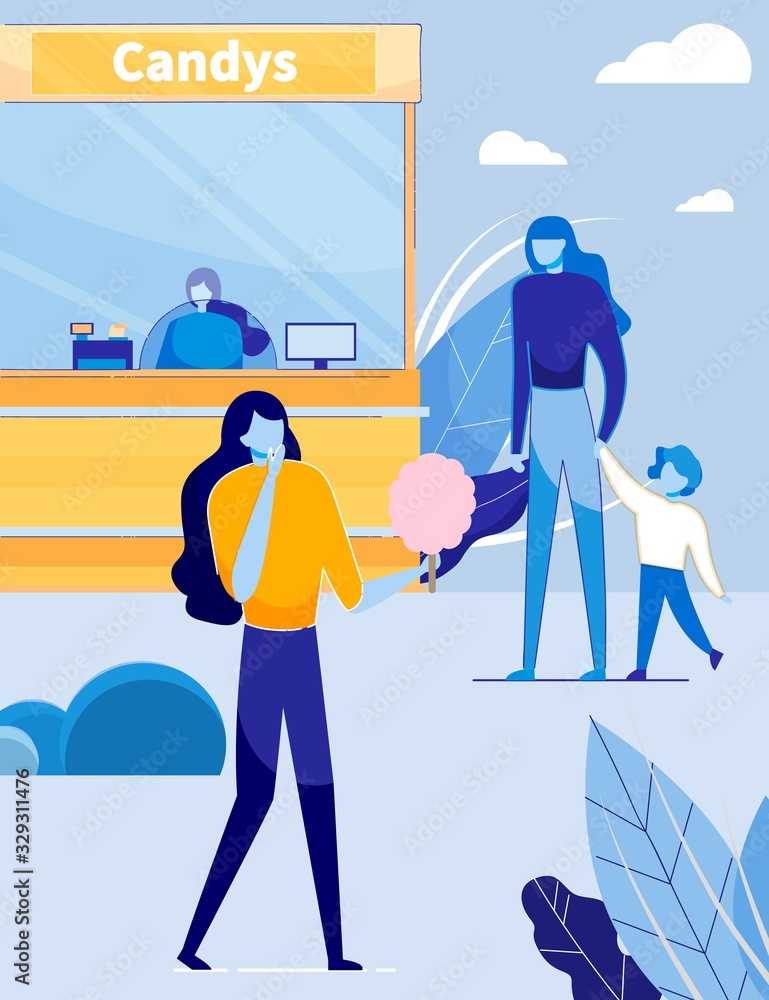 Candies Booth in Park or Public Walking Zone. People Cartoon Characters at Weekend or Vacation ...