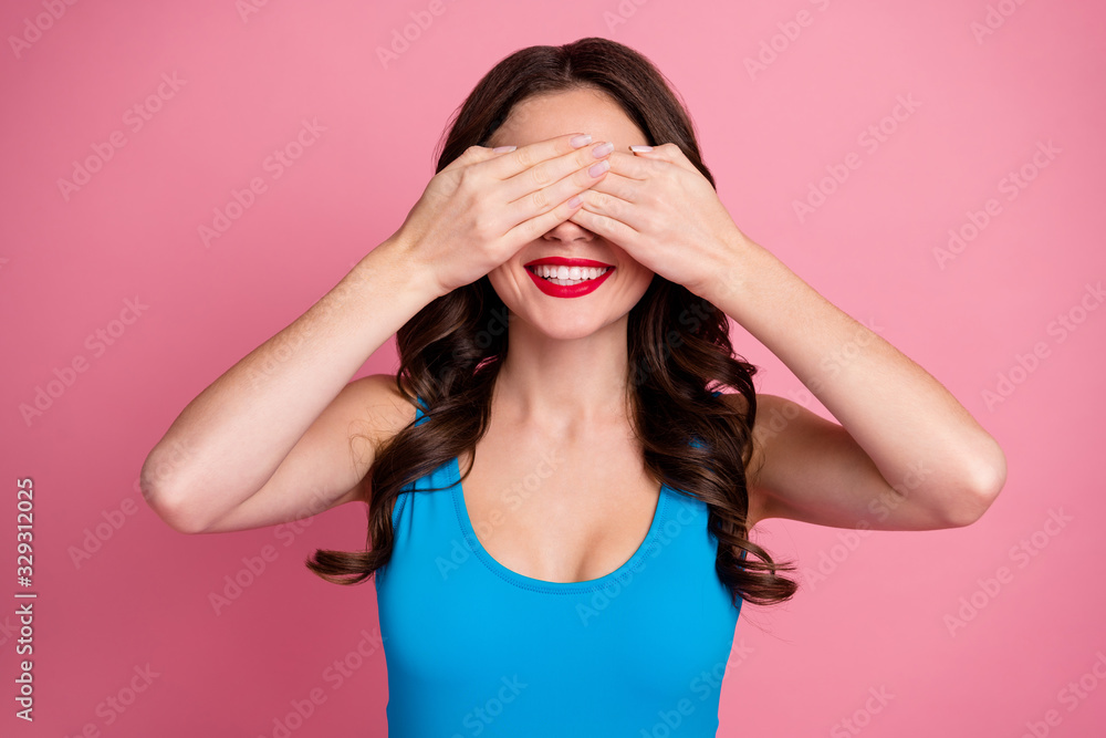 Photo of pretty funny wavy lady hiding eyes toothy smiling playing hide ...