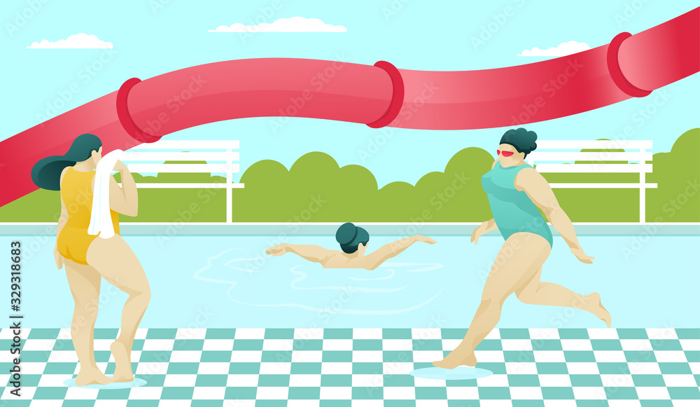 Cartoon Clubby Women Characters Swimming in Pool, Walking, Standing ...