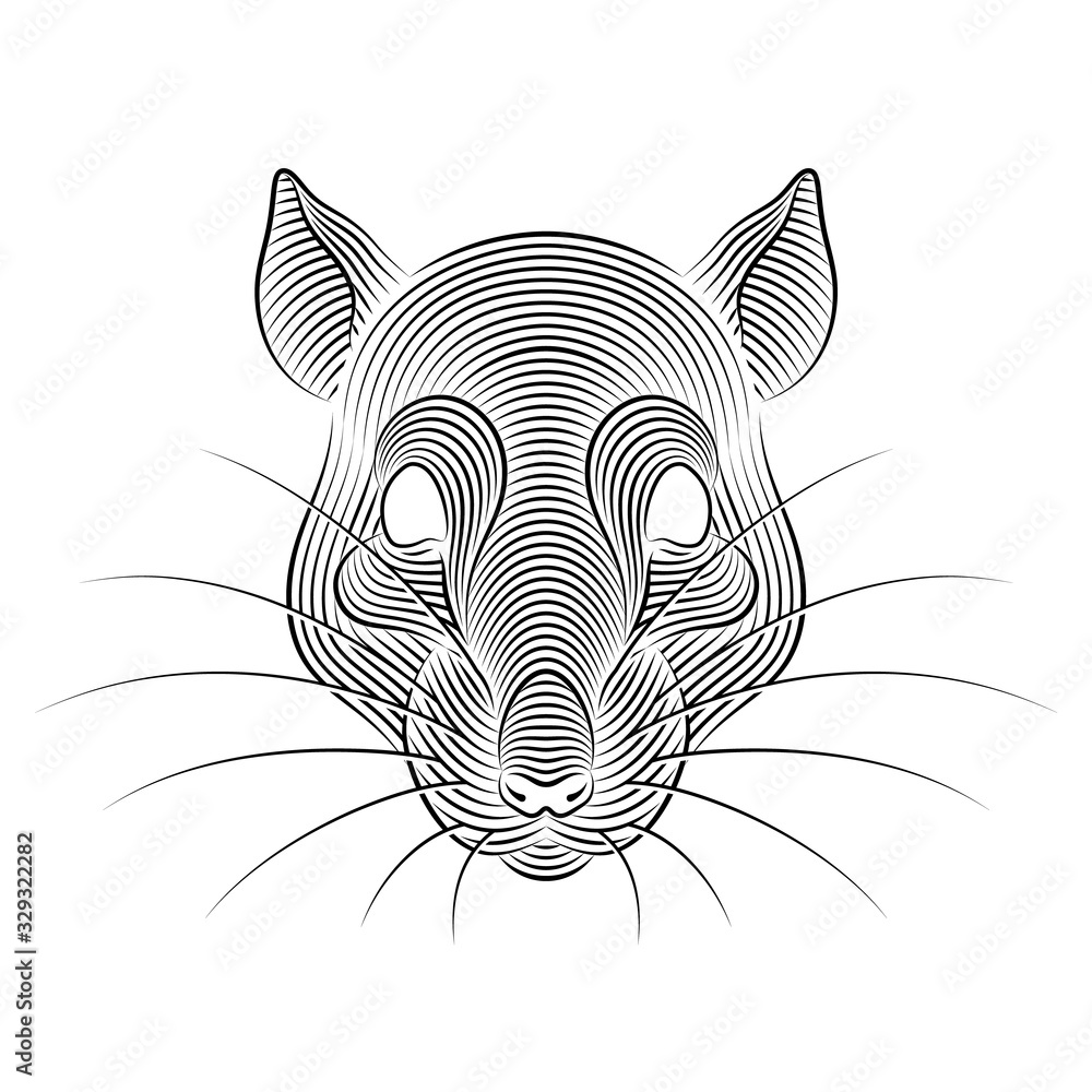 Engraving of stylized rat portrait on white background. Line art ...